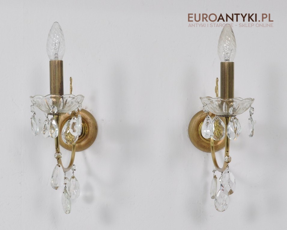 2 złote kinkiety z mosiądzu kryształowe wisiory. Lampy ścienne Vintage ...